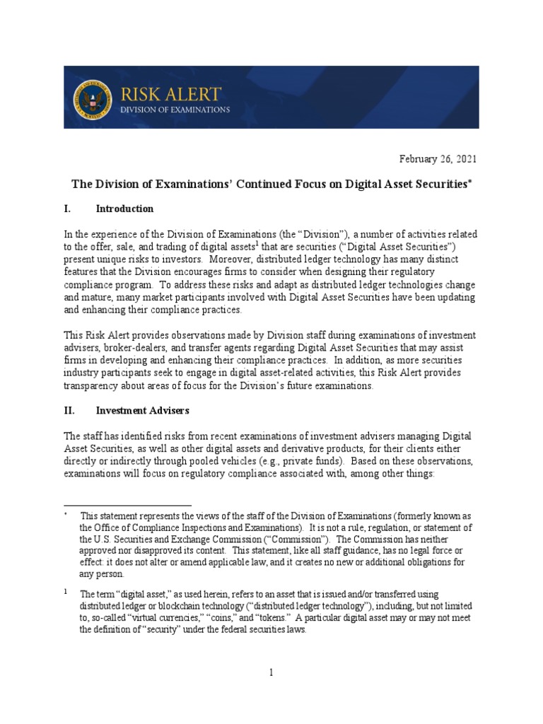 Digital Assets Risk Alert | PDF | Broker Dealer | Securities (Finance)