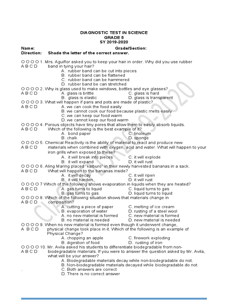 Diagnostic Test in Science Grade 5 SY 2019-2020 Name: Grade/Section ...