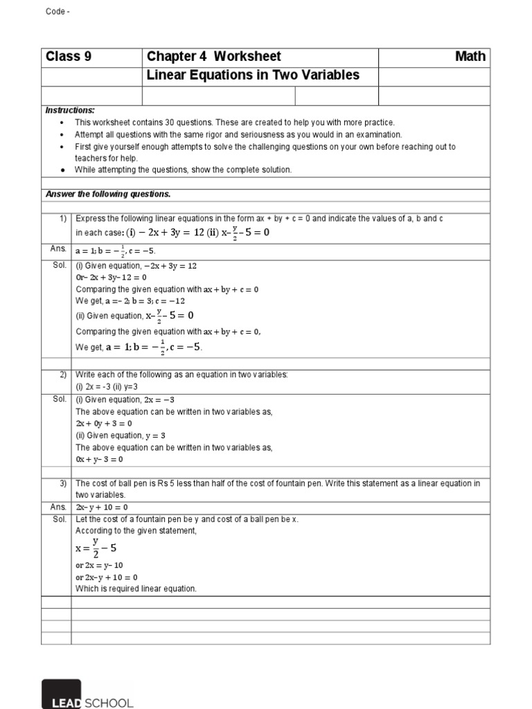 Class 9 Chapter 4 Worksheet Math Linear Equations in Two Variables ...