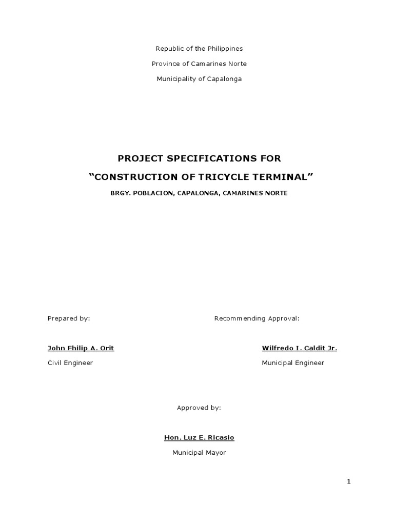 Project Specifications For "Construction of Tricycle Terminal" | PDF ...