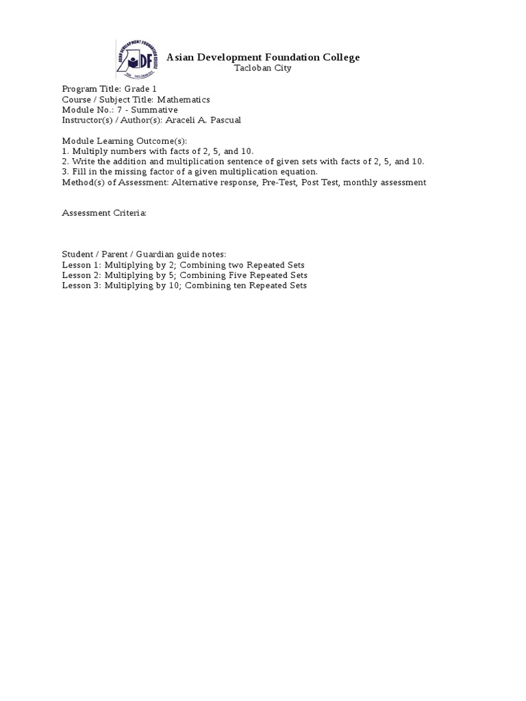 Math 1 Module 7 Summative | PDF | Multiplication | Teaching Mathematics