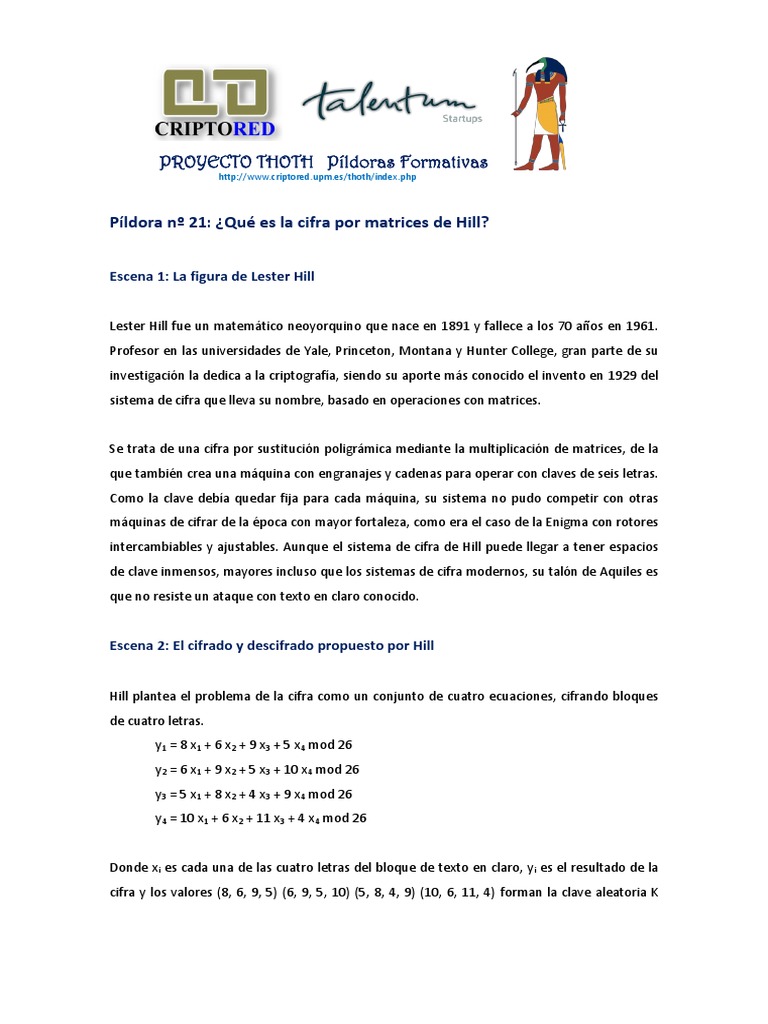 Metodo de Hill | PDF | Clave (criptografía) | Matriz (Matemáticas)