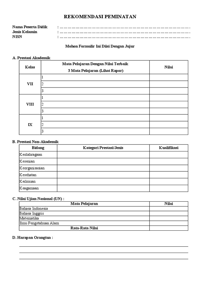 Form Rekomendasi Peminatan | PDF