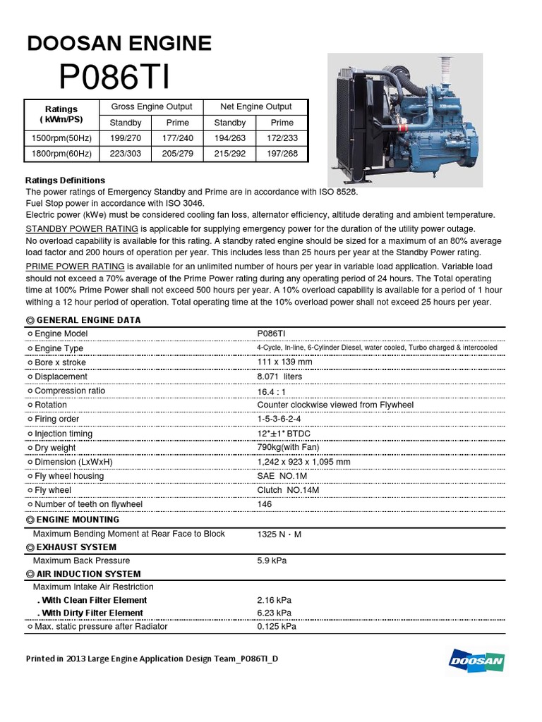 Performance Specifications and Technical Details of the Doosan P086TI Six-Cylinder Diesel Engine ...