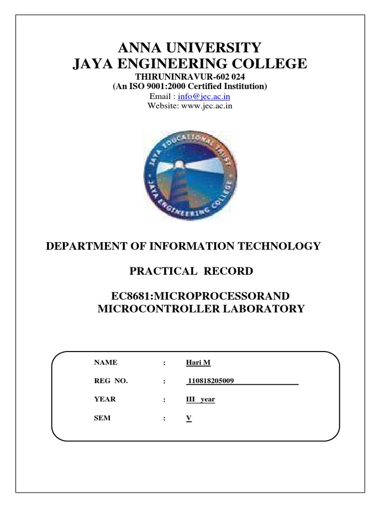 Practical Record of Hari M for Microprocessor and Microcontroller ...