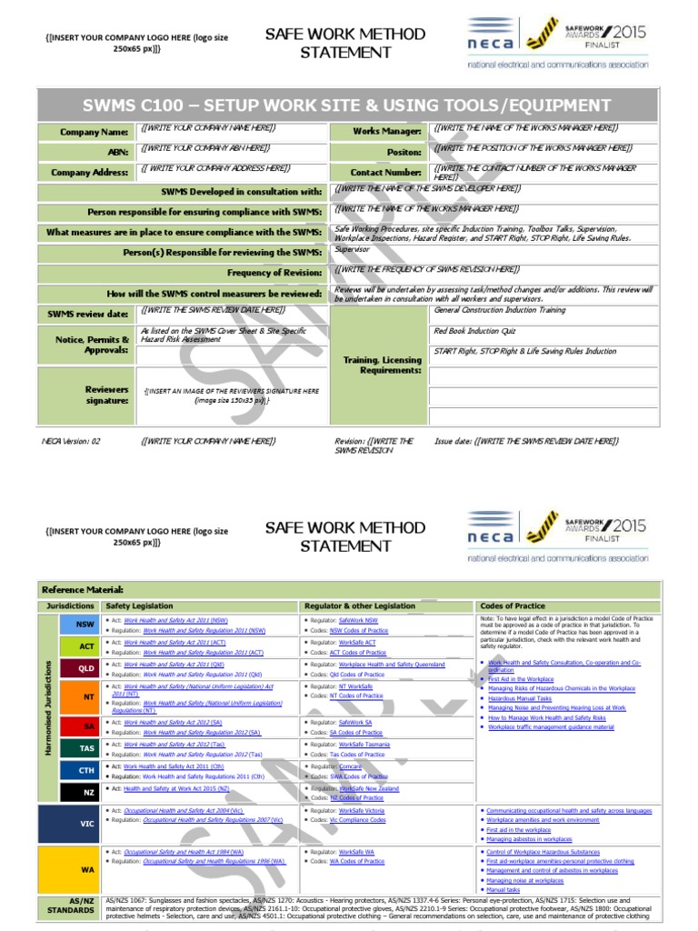 Swms C100 - Setup Work Site & Using Tools/Equipment: Safe Work Method ...