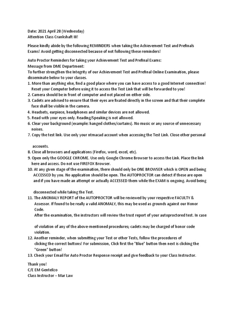 AUTO PROCTOR Reminders For AT Test and Prefinal Exams | PDF | Test ...