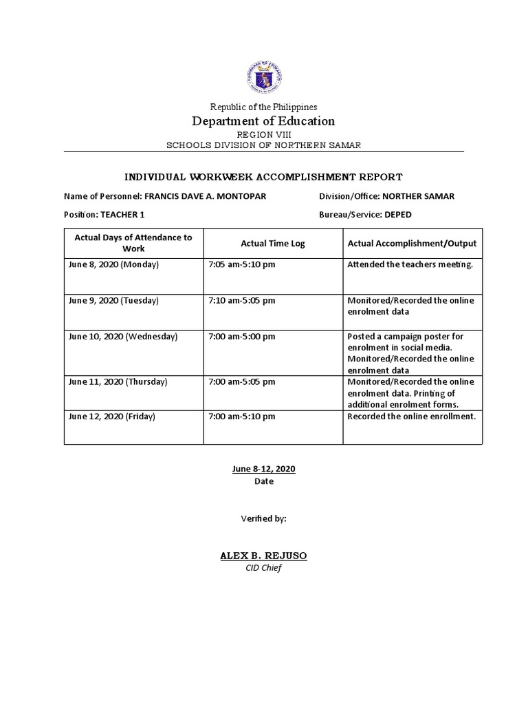 Department of Education: Individual Workweek Accomplishment Report ...