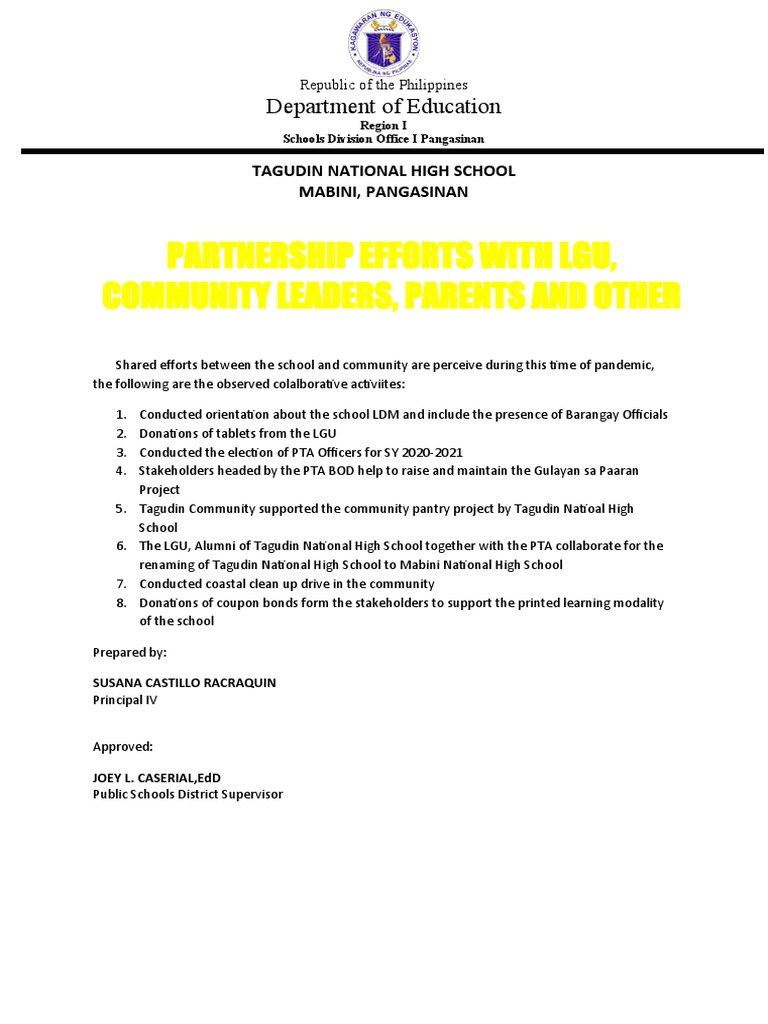 Partnership Efforts With Lgu, Community Leaders, Parents and Other | PDF