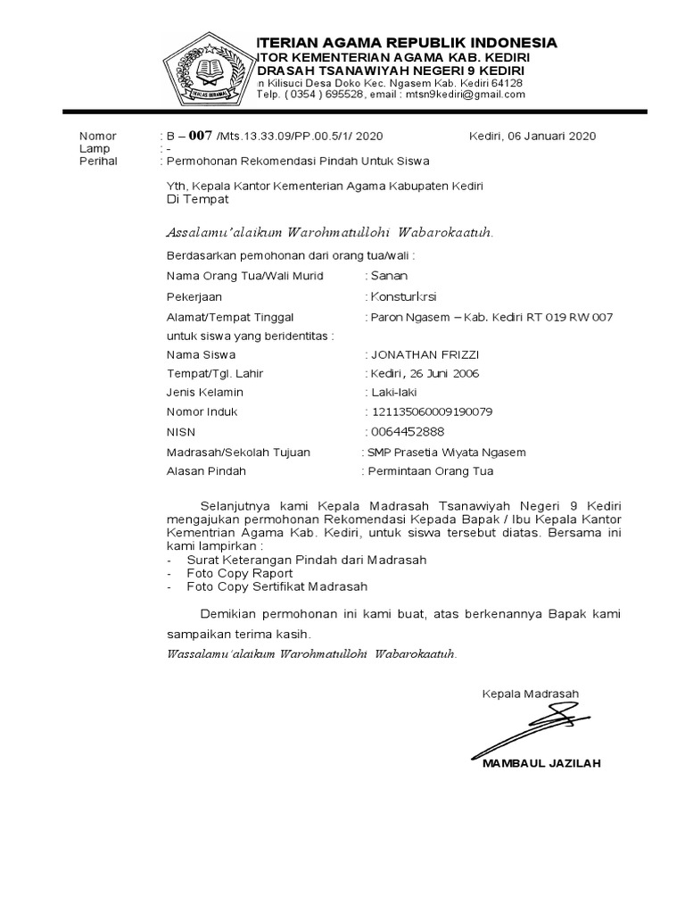 007 Surat Permohonan Rekom Mutasi Siswa | PDF