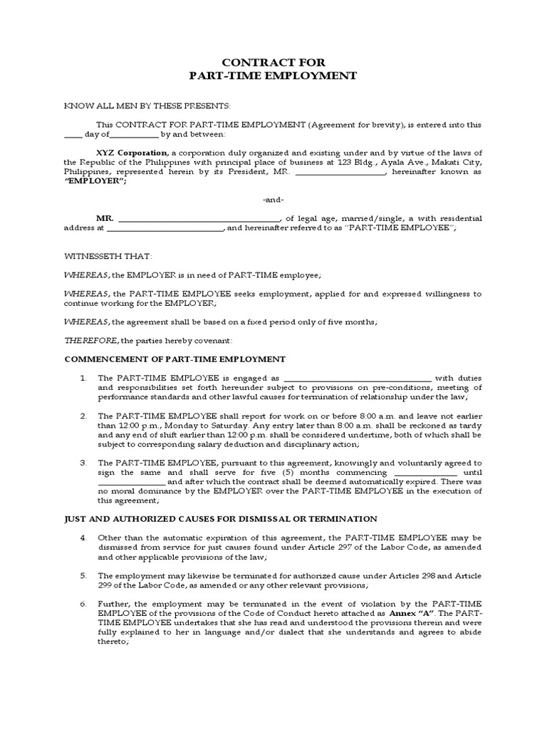 Contract For Part-Time Employment For Daily Paid | PDF | Payroll ...