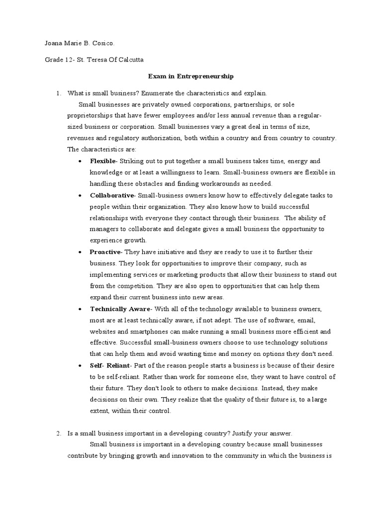 Exam in Entrepreneurship | PDF | Entrepreneurship | Small Business