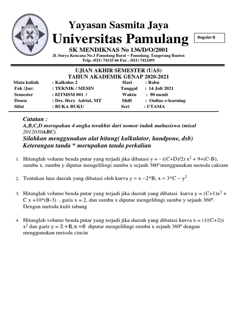SOAL Uas kALKULUS 2 Genap 2020-2021 Reg B 02TMSM001-14072021 | PDF
