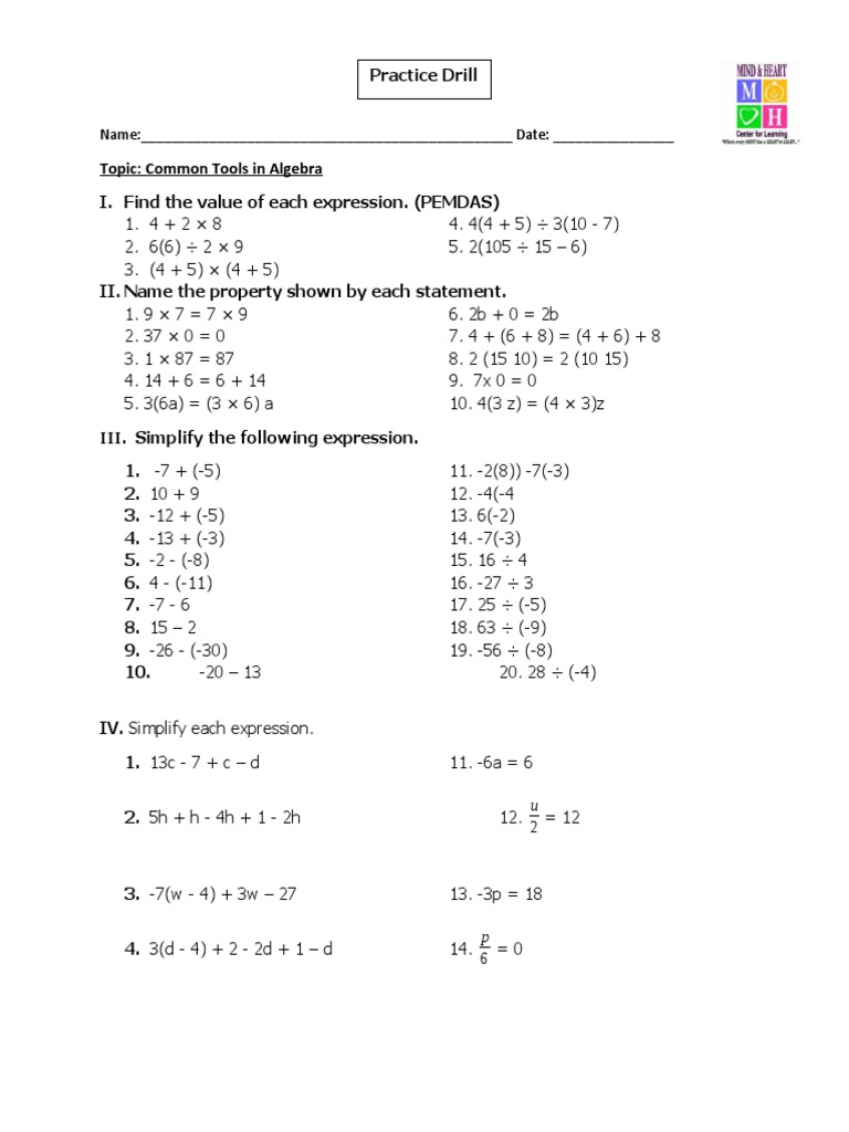 Algebra Practice Drill Worksheet | PDF | Algebra | Teaching Mathematics
