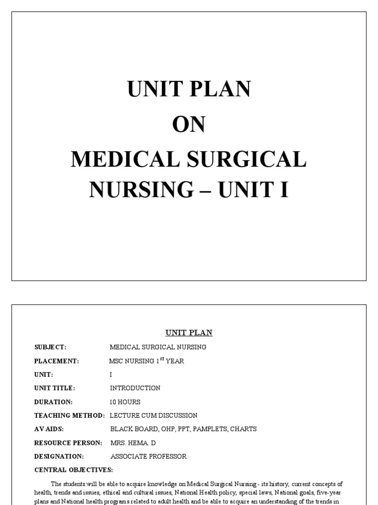 Unit Plan ON Medical Surgical Nursing - Unit I | Download Free PDF ...