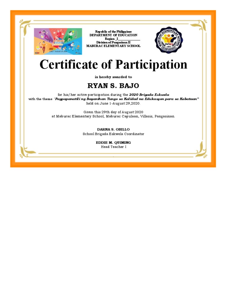 2020 BRIGADA ESKWELA Sample Certificate | PDF