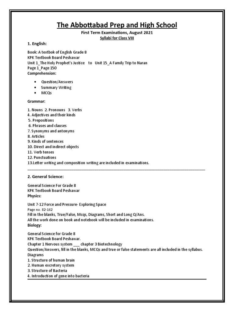 Class 8th Syllabus Mise | PDF | Verb | English Language