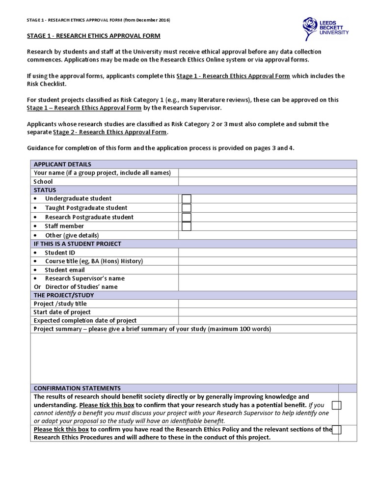Stage 1 - Research Ethics Approval Form (From December 2016) | PDF ...