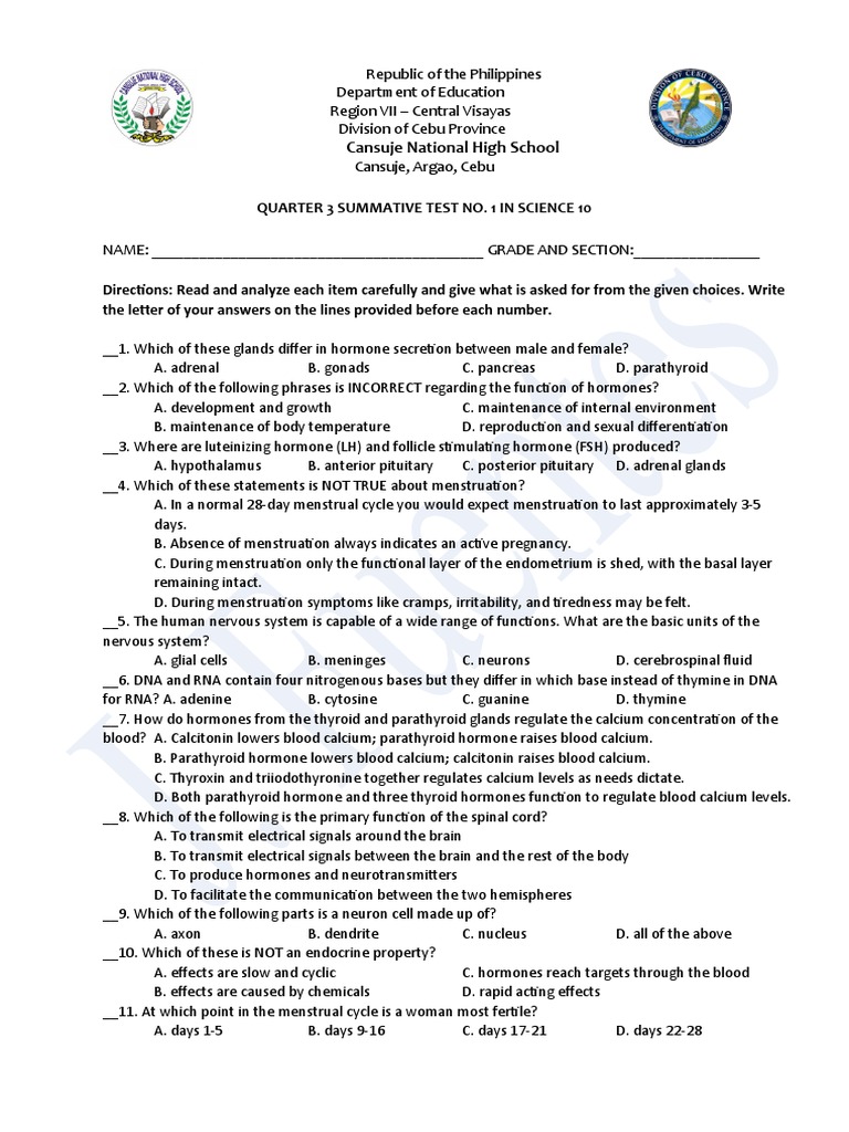 Quarter 3 Summative Test No. 1 in Science 10: Hormones, the Nervous ...