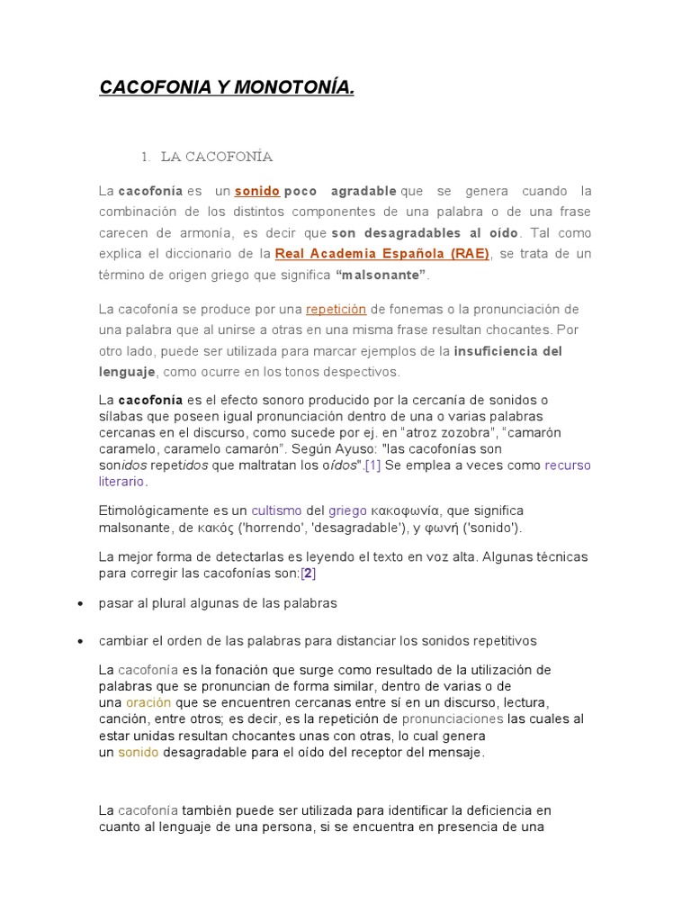 Cacofonía y Monotonía: Definición y Ejemplos | PDF | Fonética | Lingüística