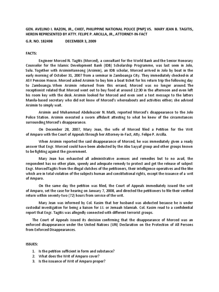 PNP Chief vs Tagitis - Enforced disappearance of engineer under Writ of ...