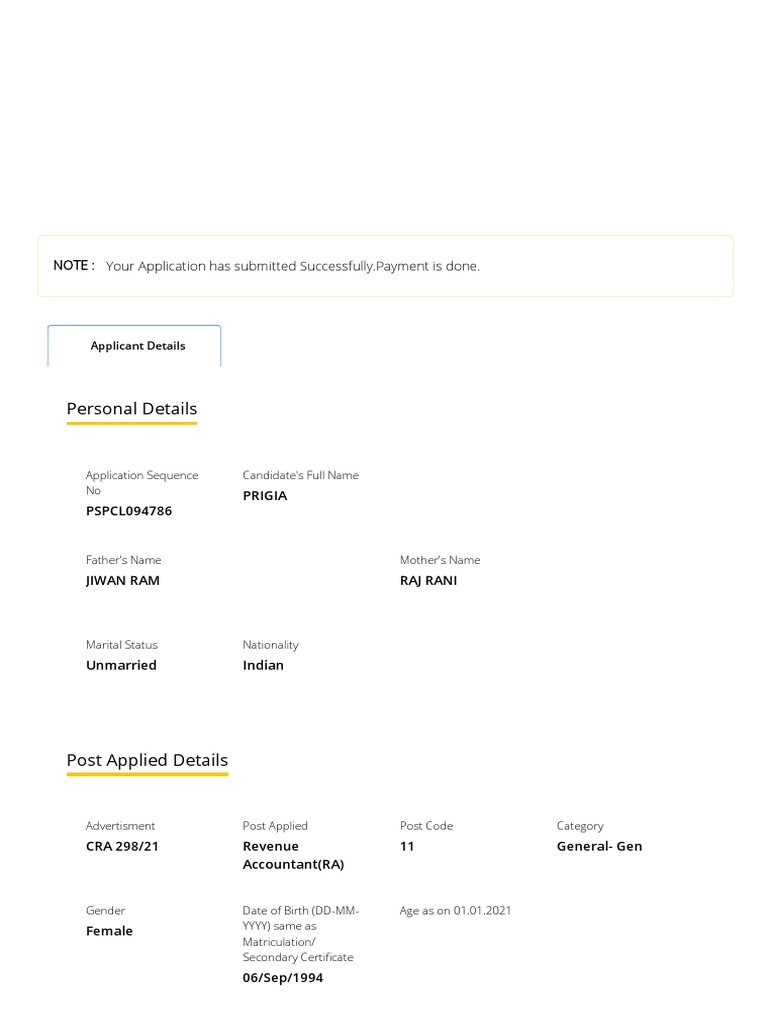 Personal Details: NOTE: Your Application Has Submitted Successfully ...