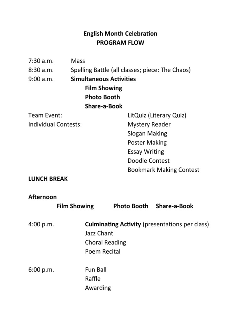 English Month Celebration Program Flow | PDF | Art