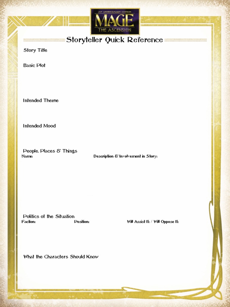 Storyteller Quick Reference: Story Title Basic Plot | PDF | Role ...