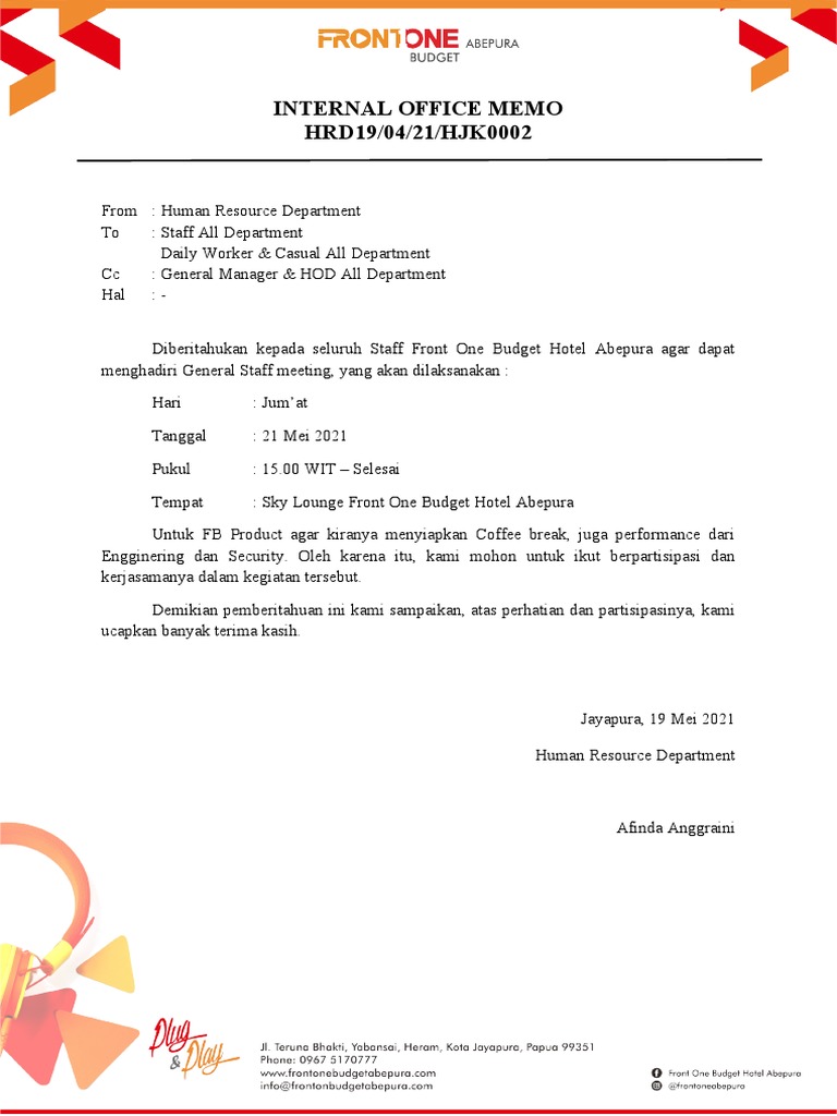 Undangan Rapat Staf Umum Hotel | PDF | Karier & Perkembangan | Ilmu Sosial