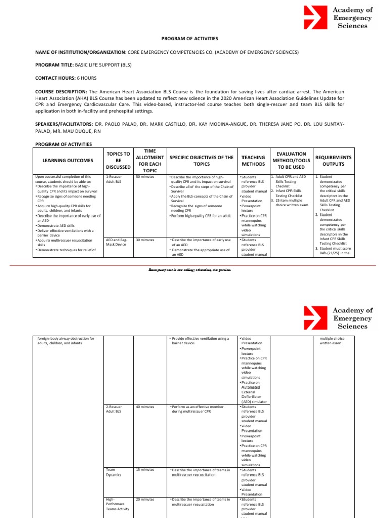 BLS Program of Activities | PDF | Cardiopulmonary Resuscitation ...