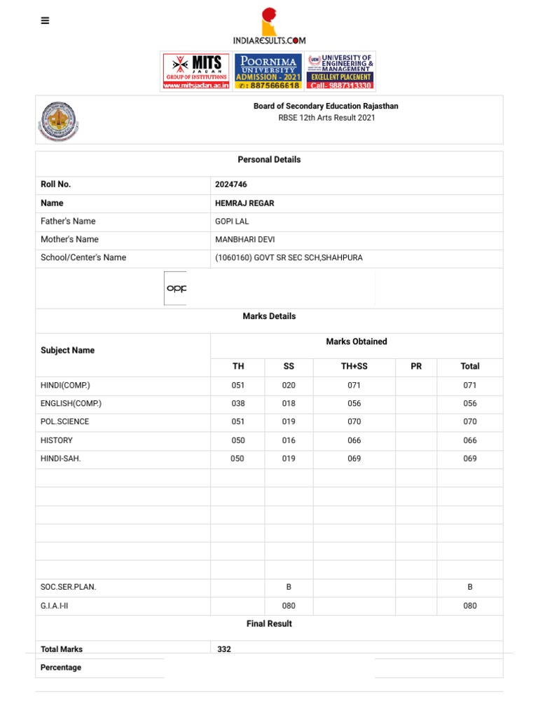 BSER RBSE 12th Arts Result 2021 - Board of Secondary Education ...