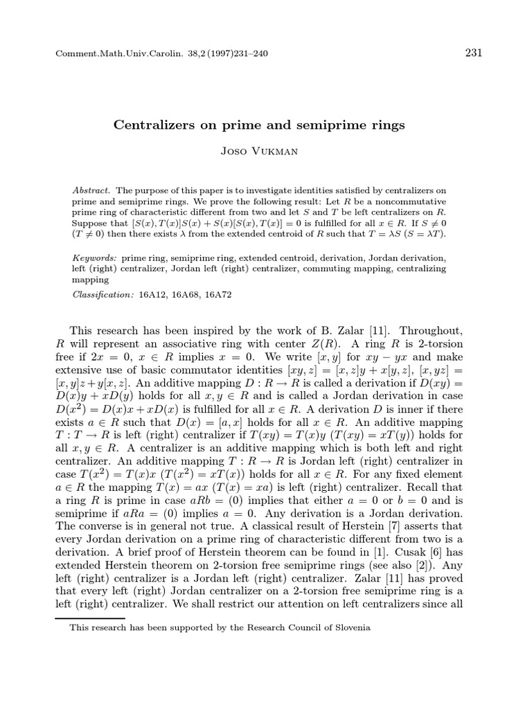 Vukman Centralizers On Prime and Semiprime Rings | PDF | Ring ...