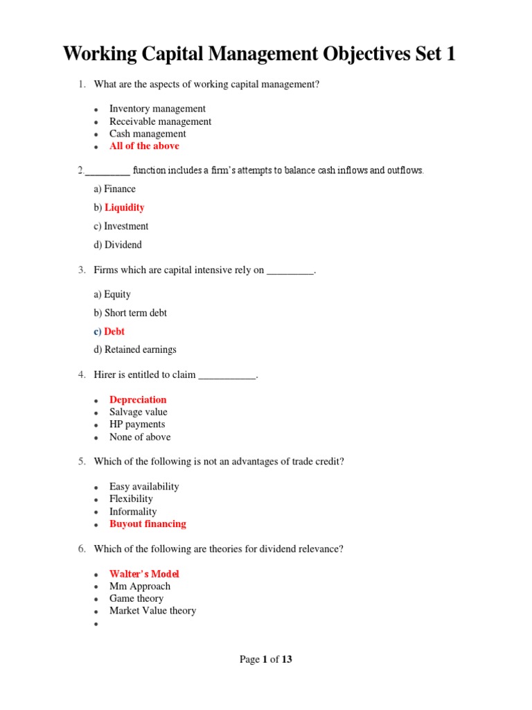 Working Capital Management Objectives Set 1 Mcqs | Download Free PDF ...