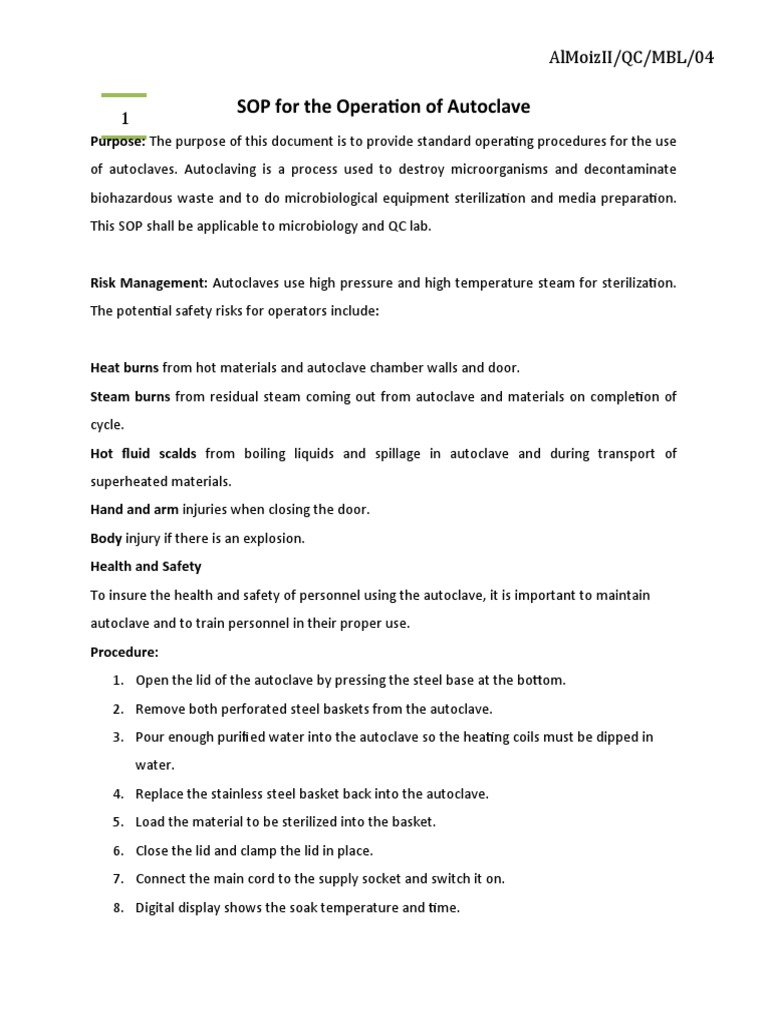 Sop For The Operation of Autoclave: Almoizii/Qc/Mbl/04 | PDF ...