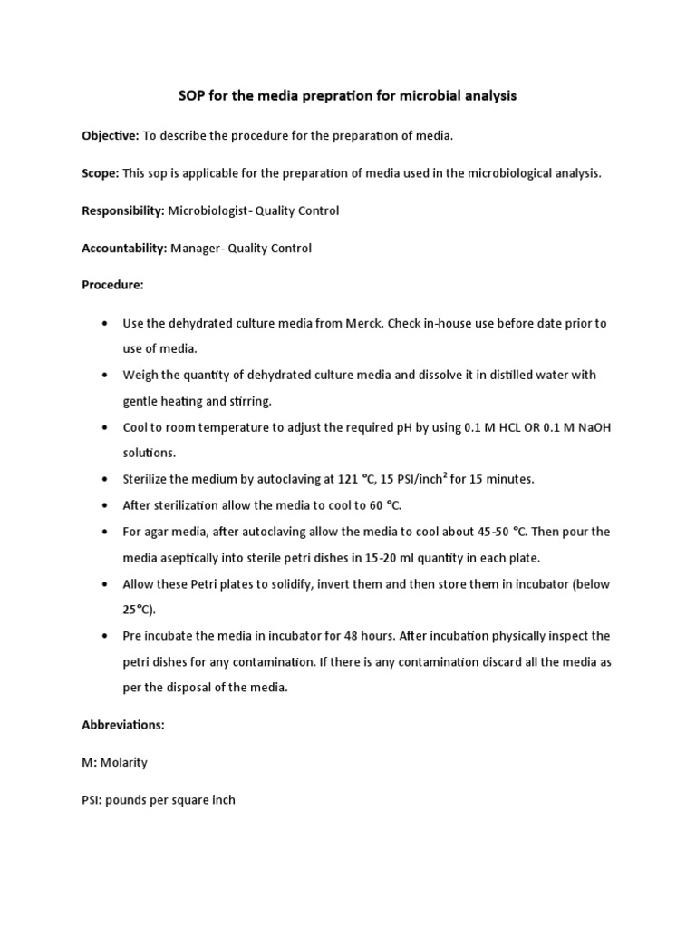 SOP For The Media Prepration For Microbial Analysis | PDF | Wellness ...