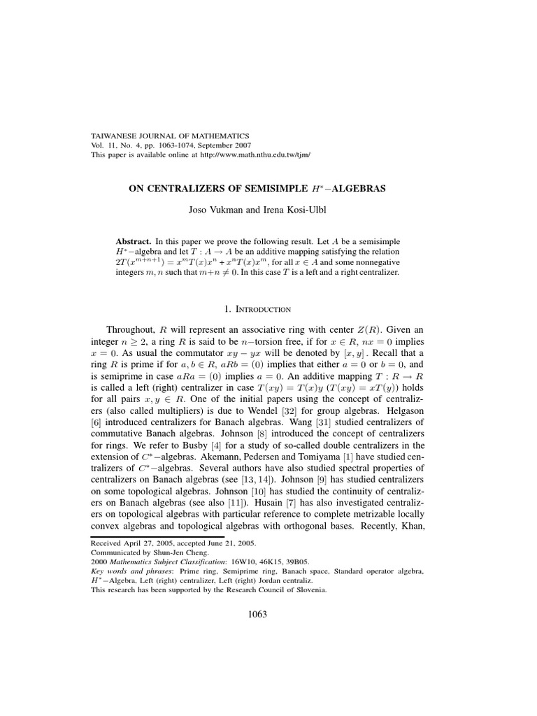 Semisimple Algebras and Centralizers | PDF | Ring (Mathematics ...