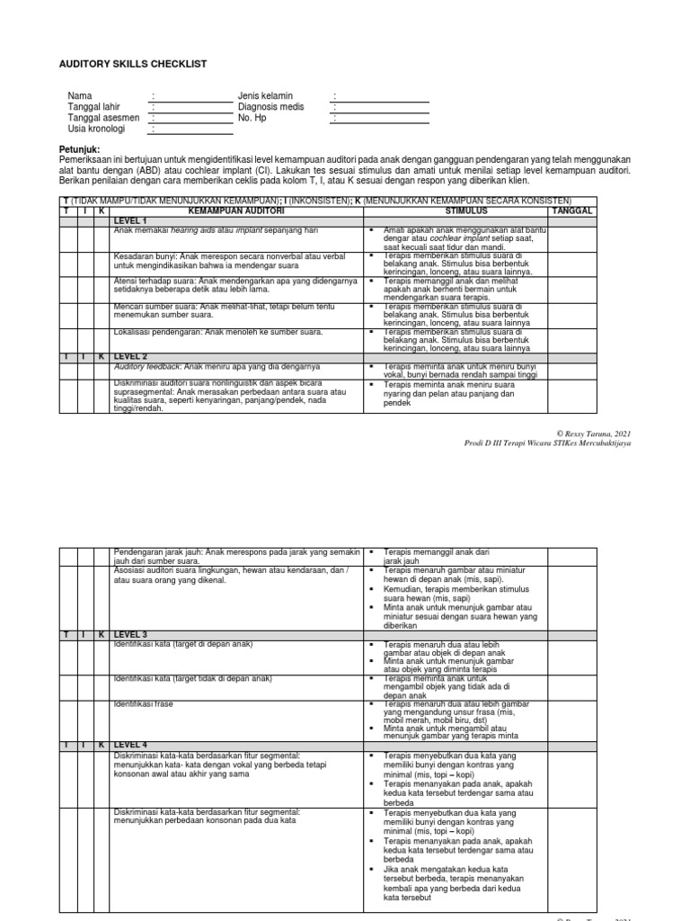 Auditory Skills Checklist | PDF