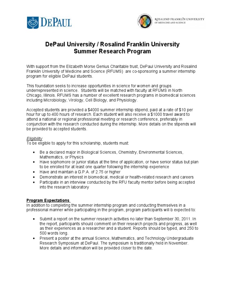 DePaul University / Rosalind Franklin University Summer Research ...