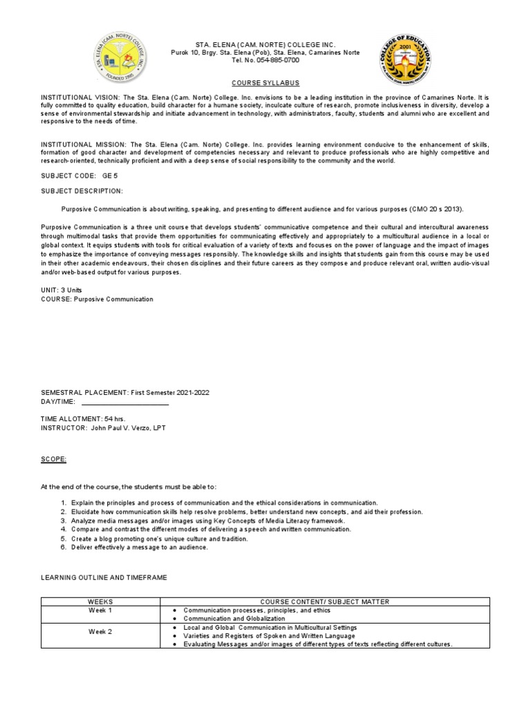SYLLABUS Purposive Communication | PDF | Modularity | Microsoft Power Point