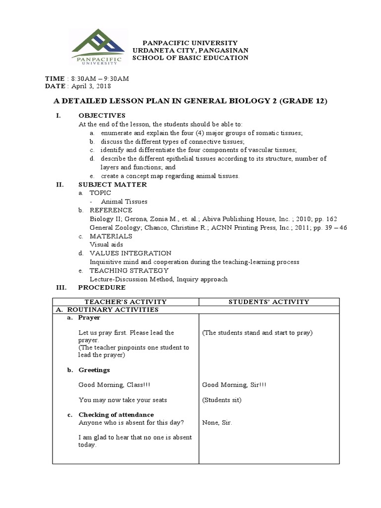 Lesson Plan (Animal Tissues) | PDF | Epithelium | Tissue (Biology)