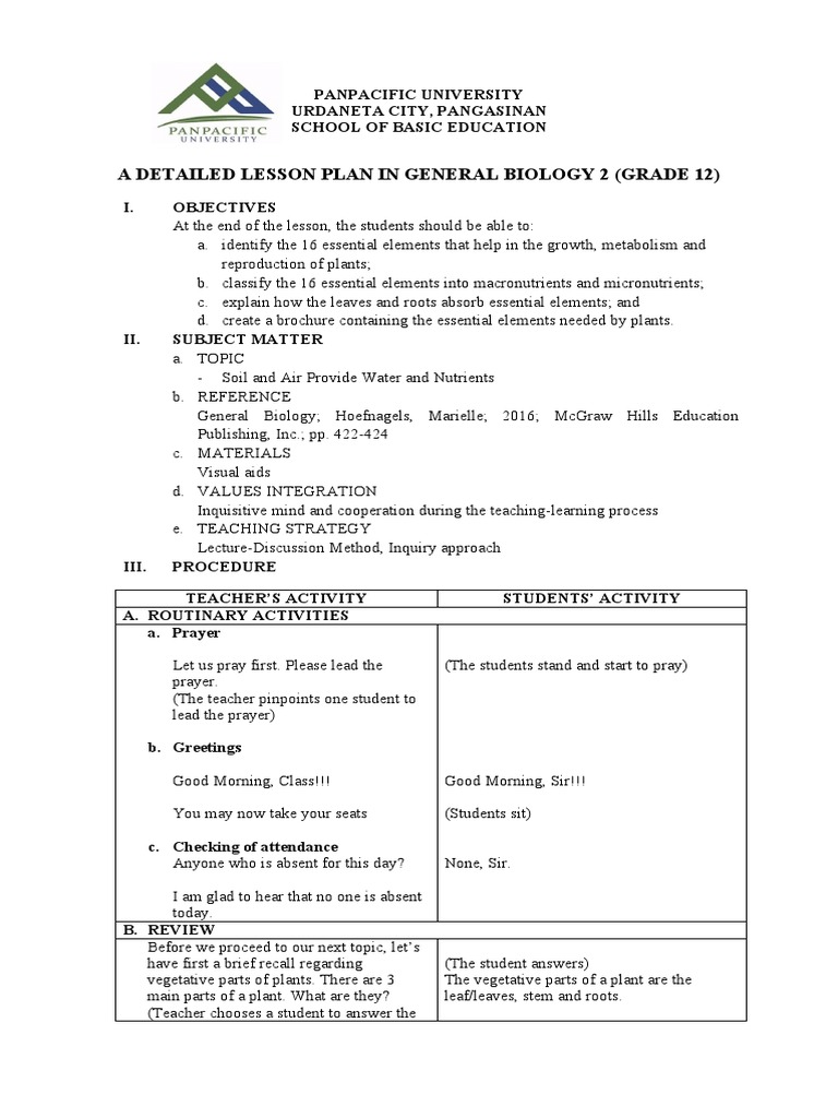 Lesson Plan (Plant Forms and Function) | Download Free PDF | Nutrients ...