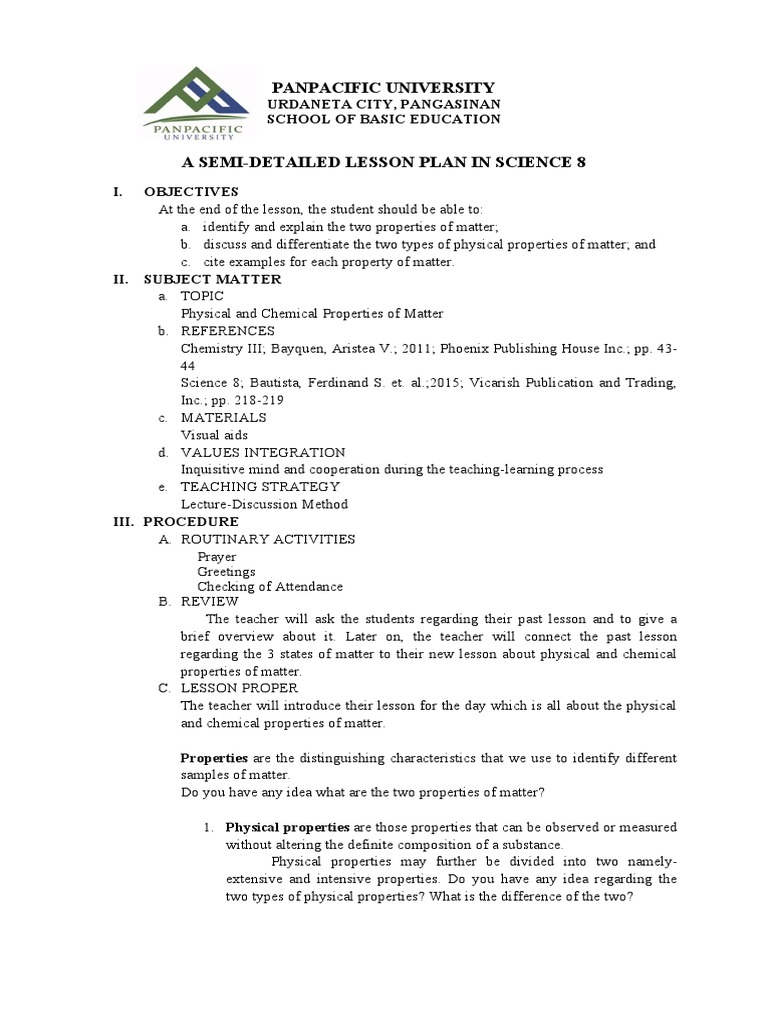 Properties of Matter Lesson Plan | PDF | Chemical Substances | Matter