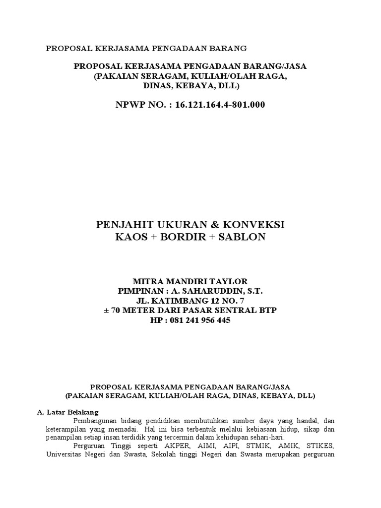 Contoh Proposal Kerjasama Pengadaan Barang | PDF