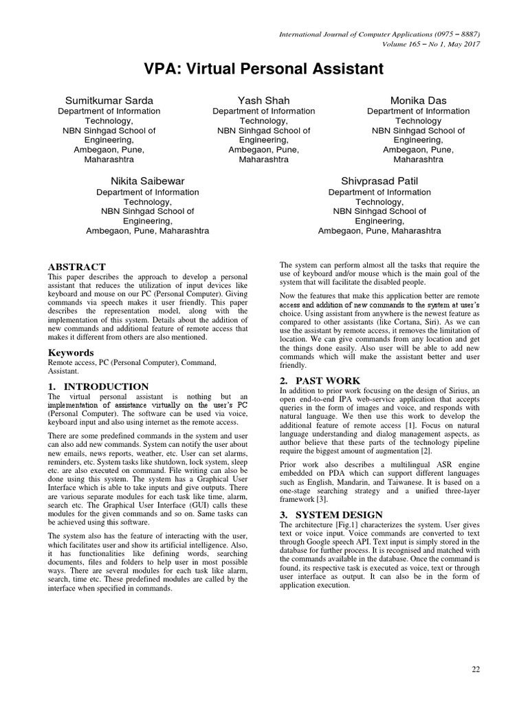 VPA: Virtual Personal Assistant: Sumitkumar Sarda Yash Shah Monika Das ...