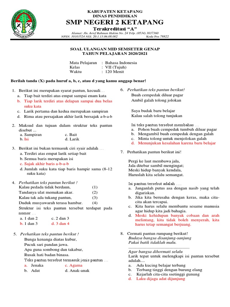 LILIS SOAL MID Bahasa Indonesia Semester Genap | PDF