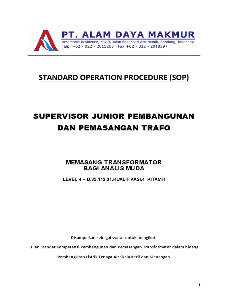 KITAMH L4 SOP Supervisi Pemasangan Trafo PT ADM - Bambang Suprihono | PDF | Teknologi & Rekayasa