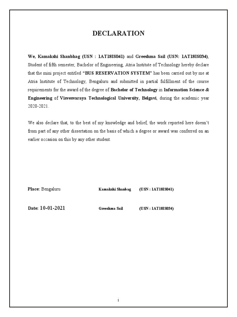 Declaration: We, Kamakshi Shanbhag (USN: 1AT18IS041) and Greeshma Sail ...