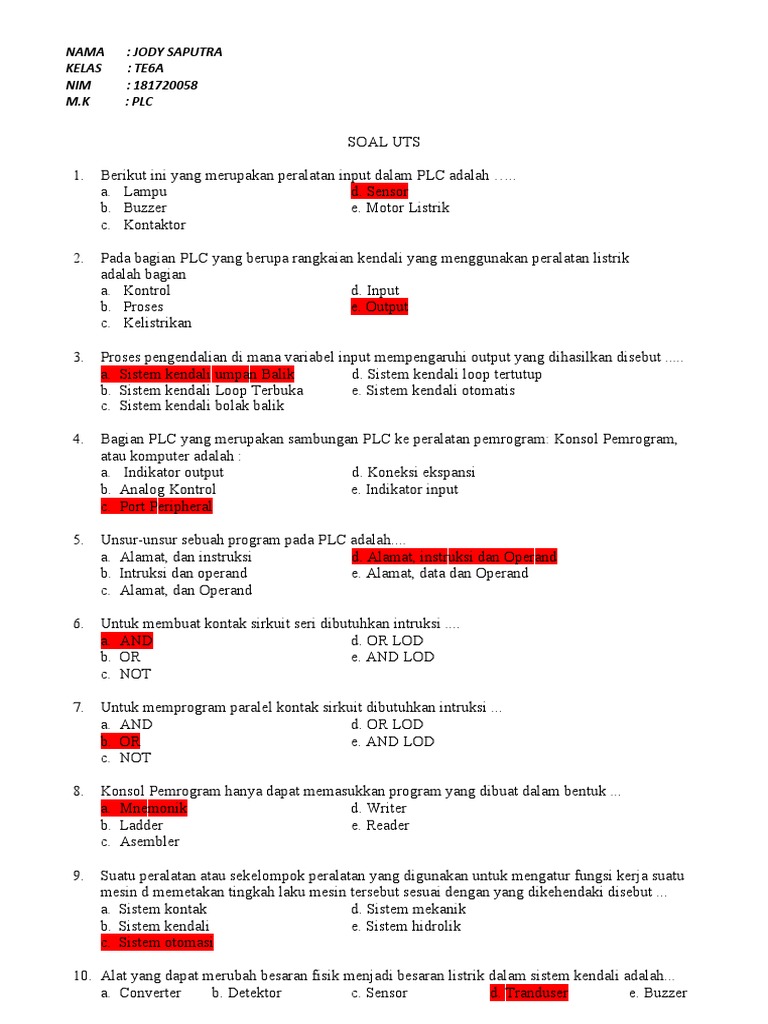 Soal UTS Pemrograman PLC TE6A | PDF | Metode & Bahan Ajar | Teknologi & Rekayasa