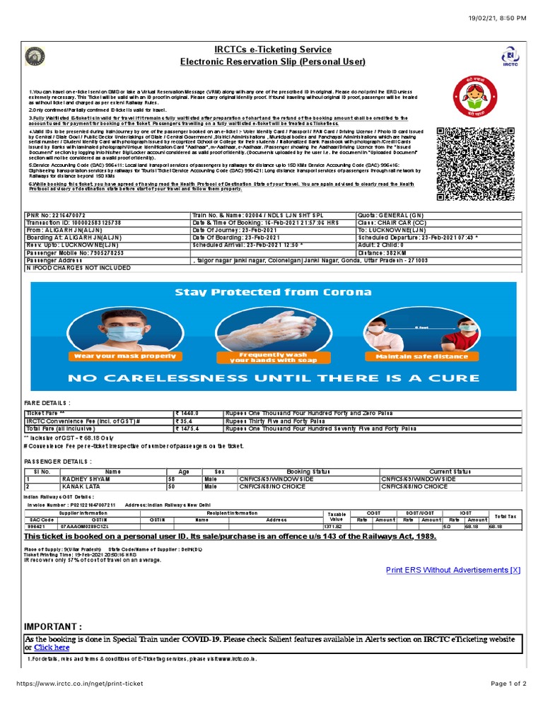 Irctcs E-Ticketing Service Electronic Reservation Slip (Personal User ...
