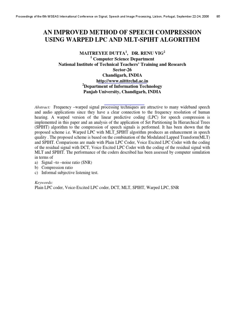 An Improved Method Of Speech Compression Using Warped Lpc And Mlt Spiht Algorithm Pdf Data